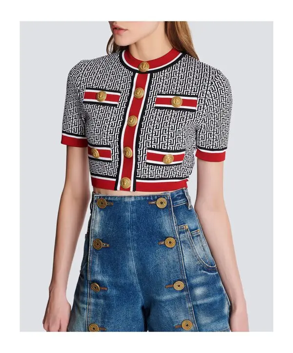Balmain Jacquard Monogrammed Cropped Top With Lion Head Buttons