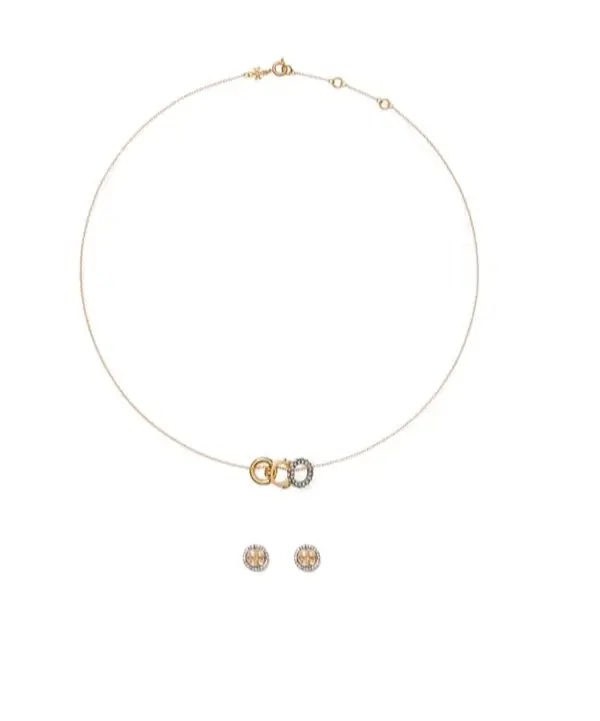 Tory Burch Crystal-embellished Logo-detail Necklace And Earrings Set - Yellow