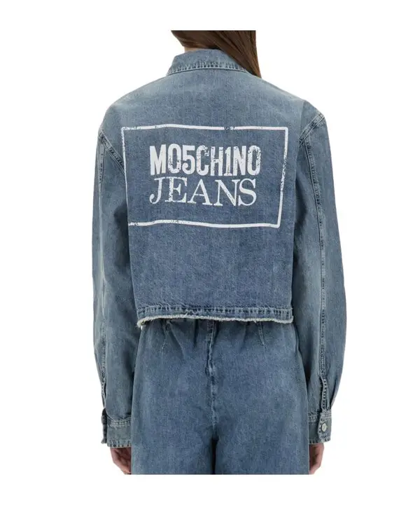 Moschino Cropped Denim Jacket With Logo - Blue