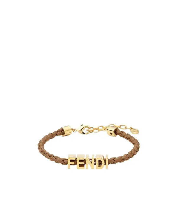Fendi Interlaced Leather Bracelet With Lettering - Camel