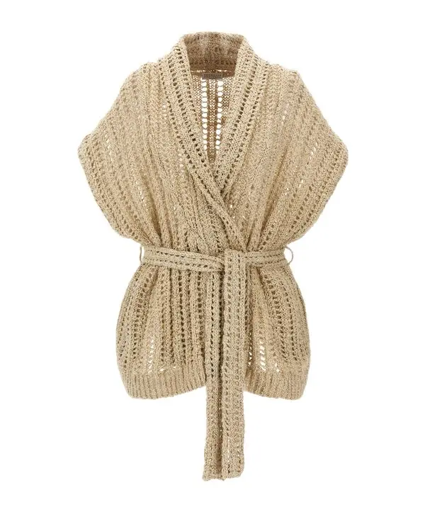 Brunello Cucinelli Shawl Collar Ribbed Knit Cardigan - Nude