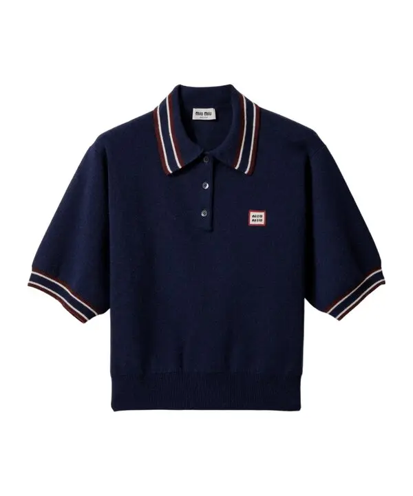 Miu Miu Logo Patch Short Sleeve Knit Polo - Navy