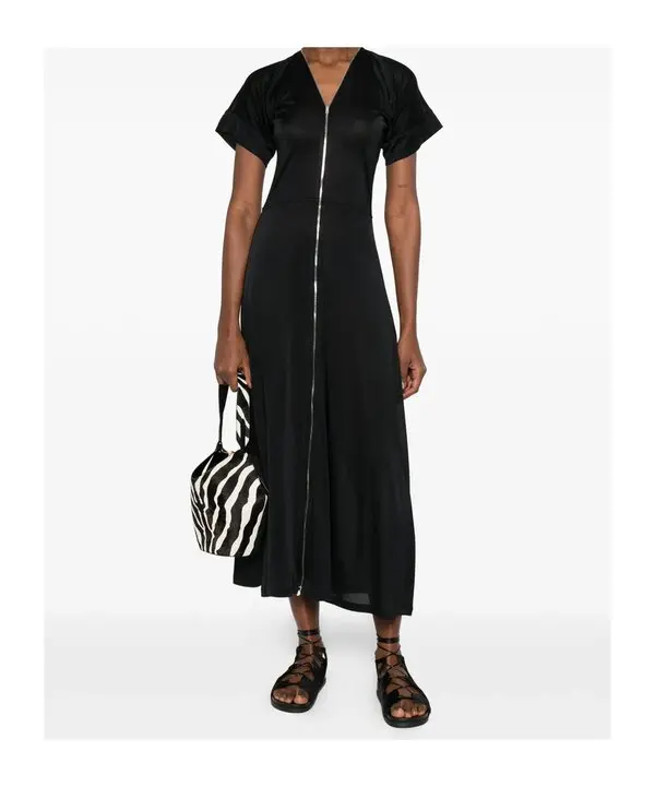 LEMAIRE V-neck Zip-up Midi Dress With Flared Sleeves - Black