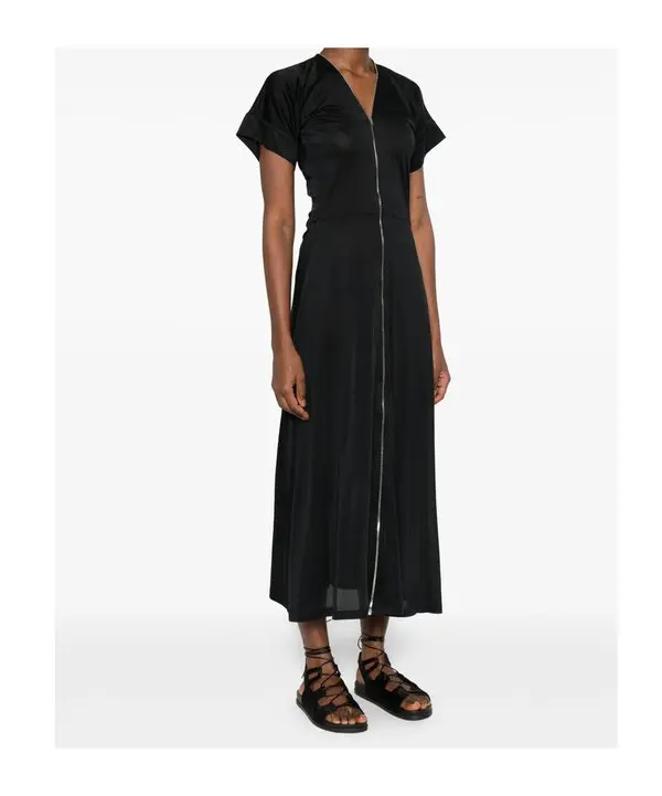 LEMAIRE V-neck Zip-up Midi Dress With Flared Sleeves - Black