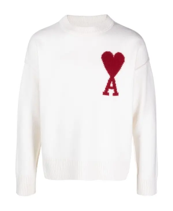 Ami Crewneck Long-sleeved Jumper With De Coeur Motif - White