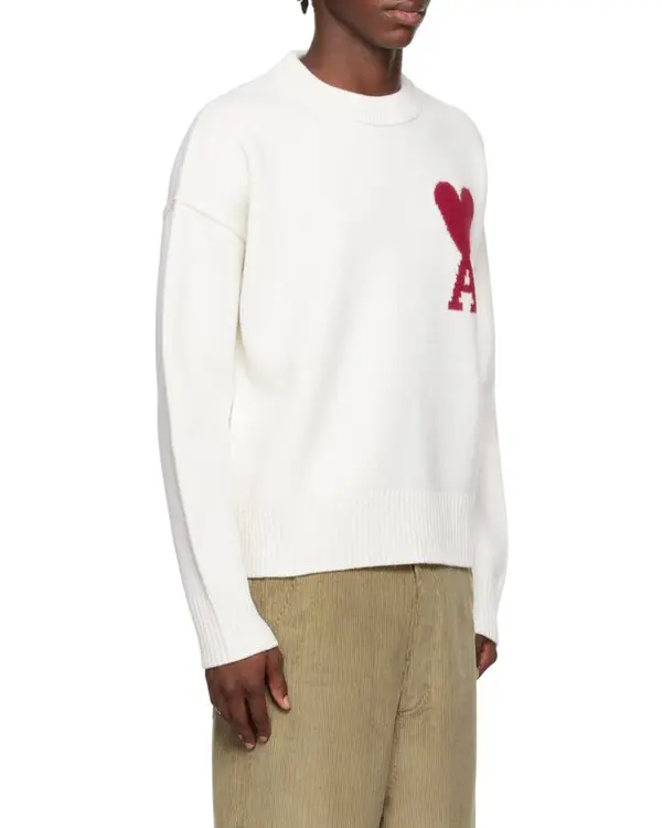 Ami Crewneck Long-sleeved Jumper With De Coeur Motif - White