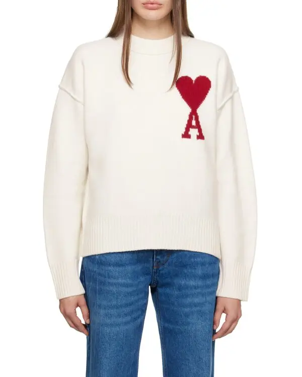 Ami Crewneck Long-sleeved Jumper With De Coeur Motif - White