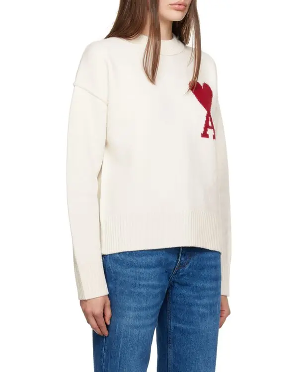 Ami Crewneck Long-sleeved Jumper With De Coeur Motif - White