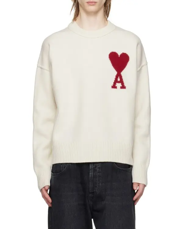 Ami Crewneck Long-sleeved Jumper With De Coeur Motif - White