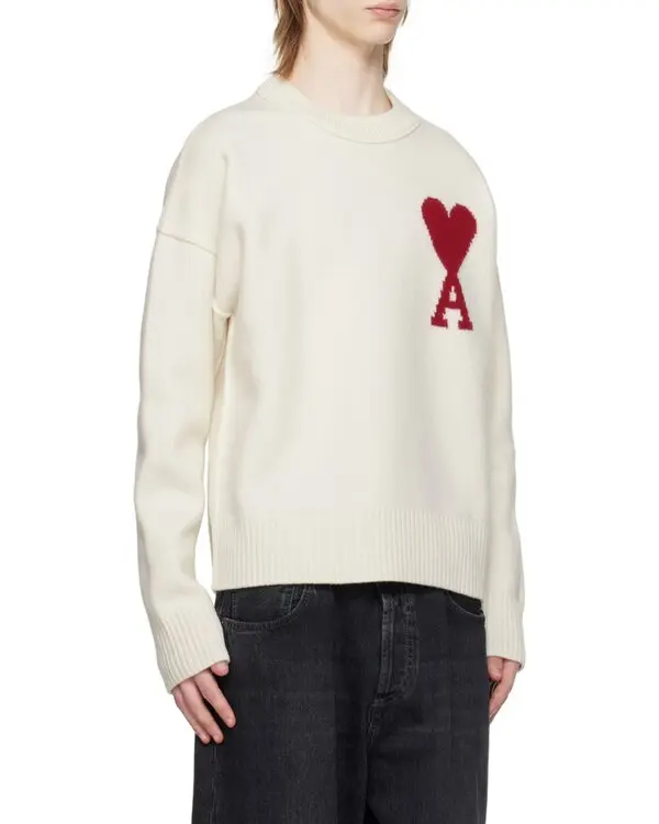Ami Crewneck Long-sleeved Jumper With De Coeur Motif - White