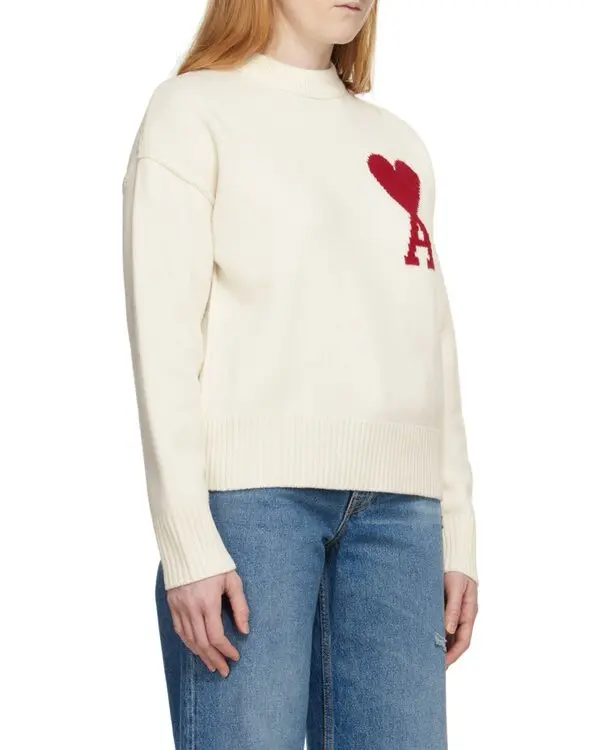 Ami Crewneck Long-sleeved Jumper With De Coeur Motif - White