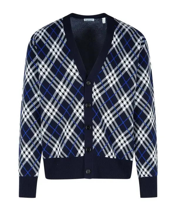Burberry Check Pattern V-neck Cardigan - Navy