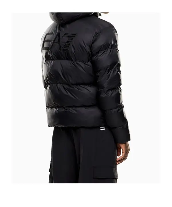 EA7 Padded Hooded Jacket With Oversized Embroidered Logo - Black