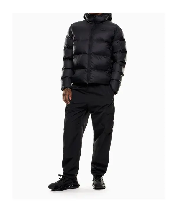 EA7 Padded Hooded Jacket With Oversized Embroidered Logo - Black