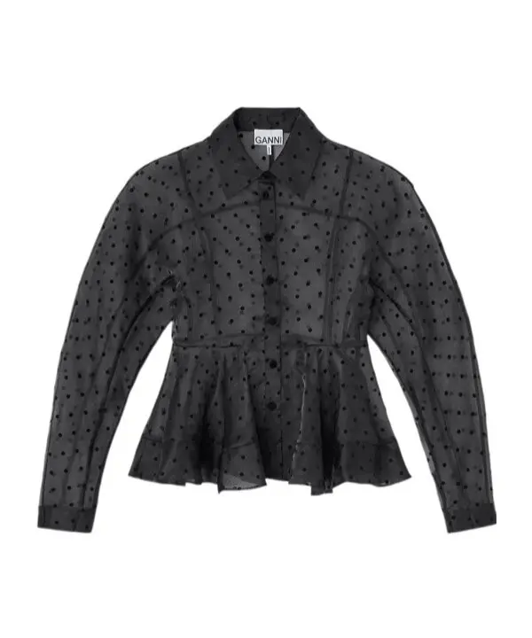 GANNI Sheer Polka Dot Peplum Shirt - Black