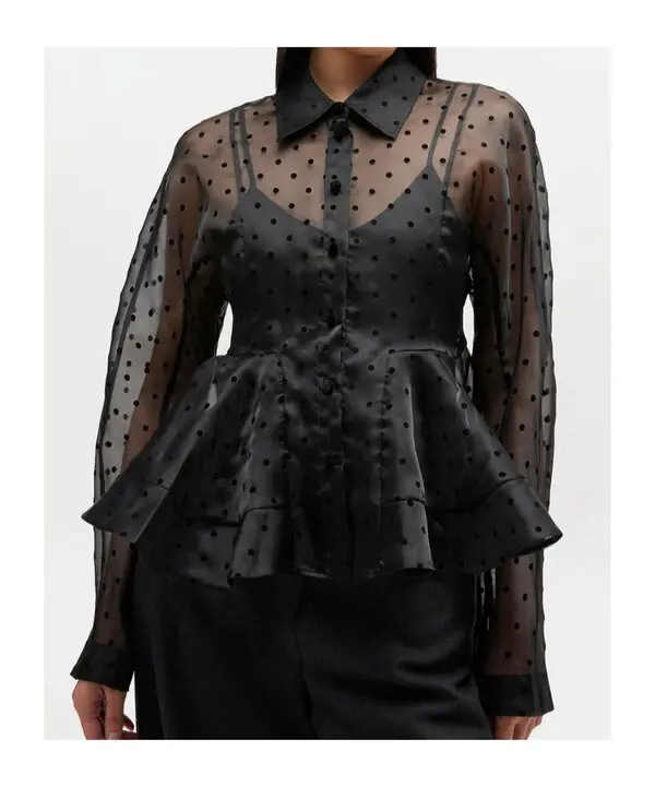 GANNI Sheer Polka Dot Peplum Shirt