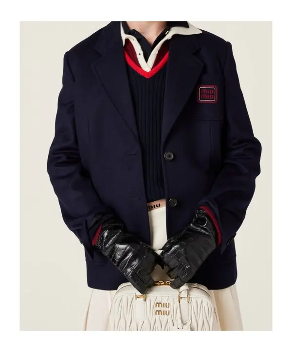 Miu Miu Single-breasted Velour Jacket With Embroidered Logo - Navy