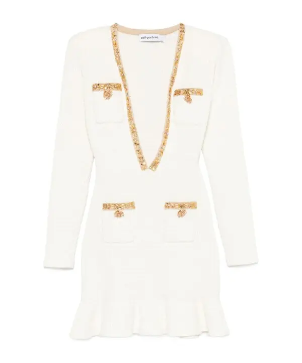 SELF-PORTRAIT Lurex Knit Mini Dress With Embellished Pockets - Cream