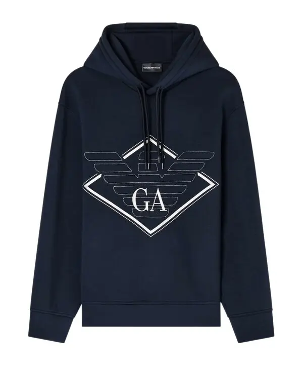 Emporio Armani Logo Embroidered Drawstring Hoodie - Navy Blue