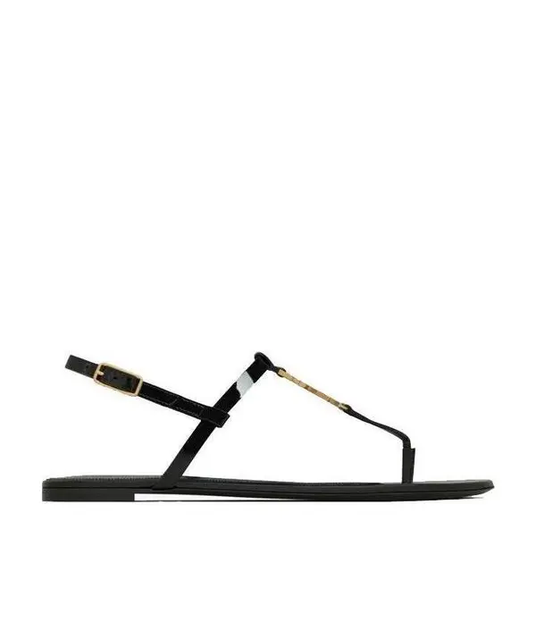 Saint Laurent Cassandra T-strap Flat Sandals - Black