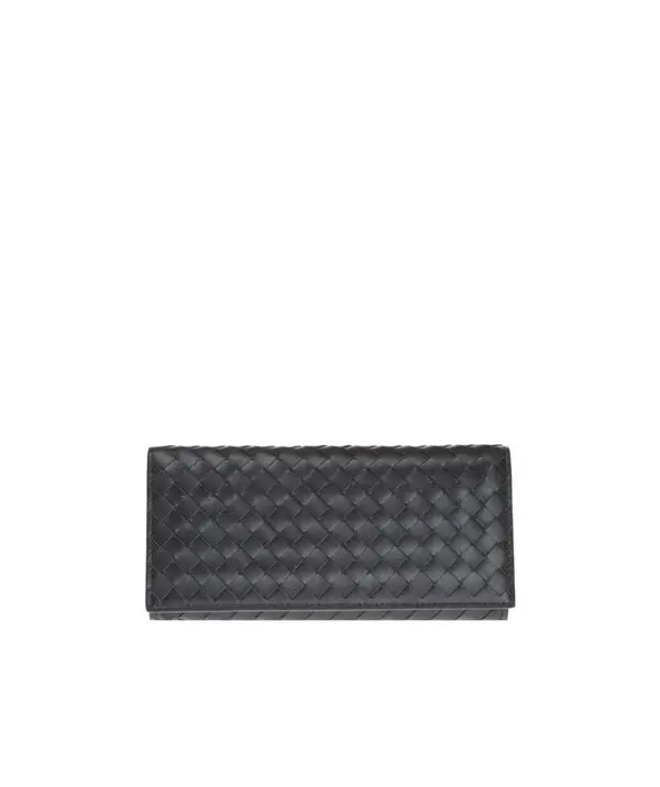 Bottega Veneta Dark Gray Intrecciato Pattern Wallet - Black