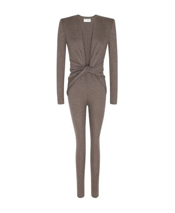 Saint Laurent V-neck Catsuit In Wool Jersey - Gray