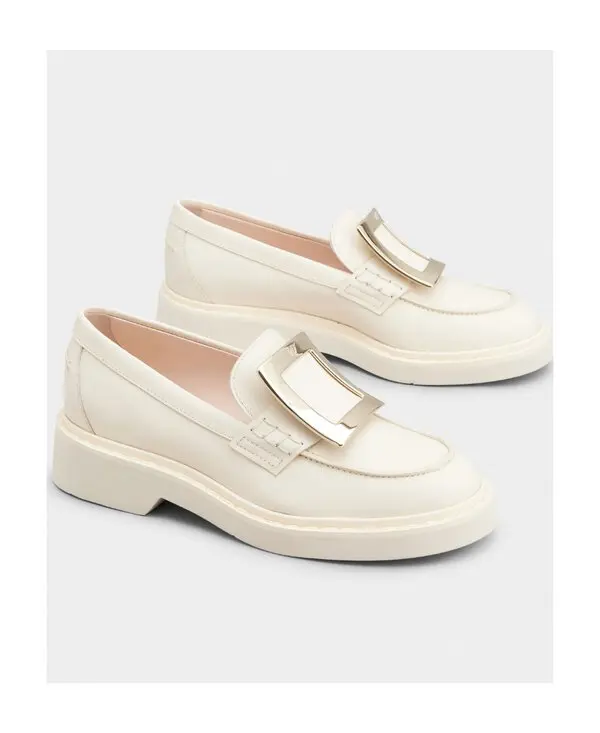 ROGER VIVIER Viv' Rangers" Leather Loafers With Metal Buckle - Cream