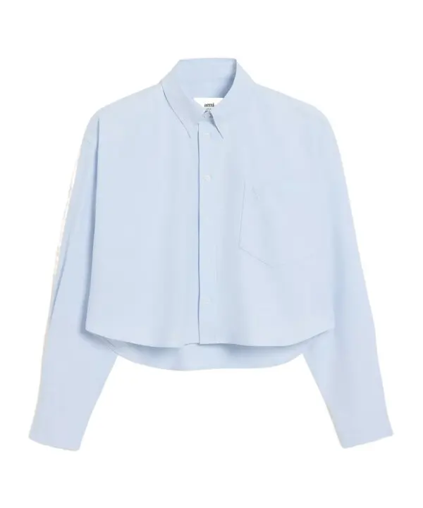 AMI Paris Cropped Button-down Shirt With De Coeur Embossing - Sky-blue