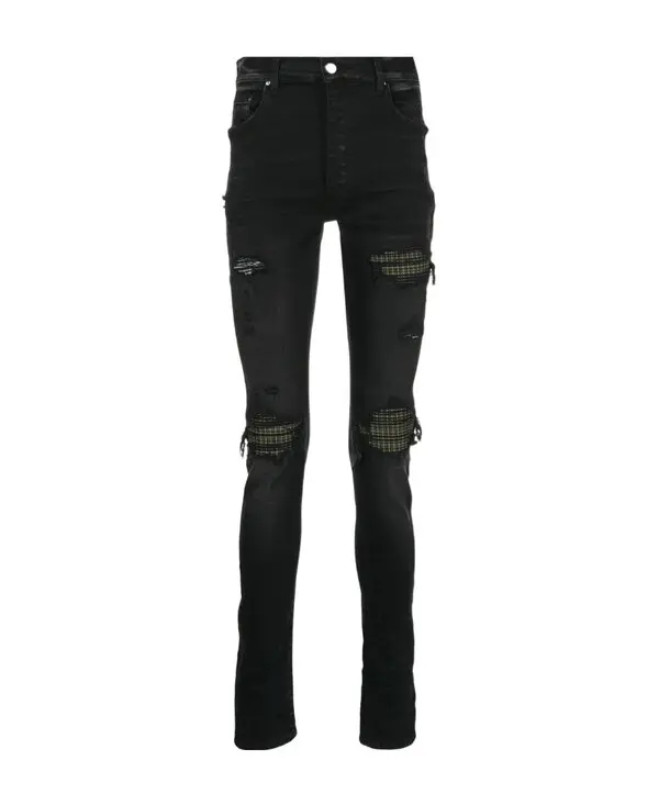 Amiri Skinny Ripped Jeans With Plaid Detail - Black