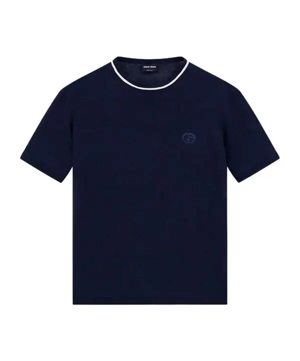 Giorgio Armani Short-sleeved Knitted Jumper With Logo Embroidery - Navy Blue