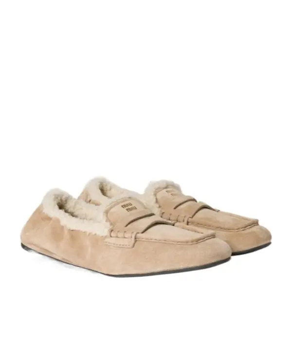 Miu Miu Suede Loafers With Fur Trim - Nude