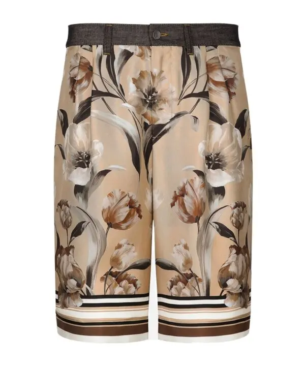 Dolce & Gabbana Floral Print Paneled Denim Shorts - Nude