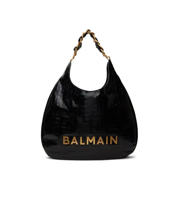 Balmain 1945 Soft Hobo Crinkled Leather Tote Bag With Monogram - Black