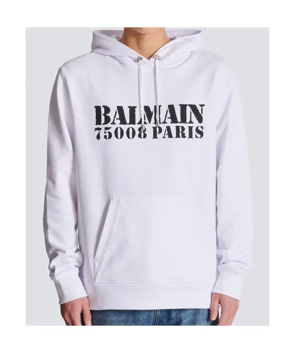 Balmain Logo Stamp Printed Hoodie - White