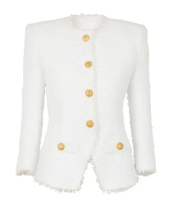 Balmain Long Sleeve Frayed Hem Tweed Jacket - White