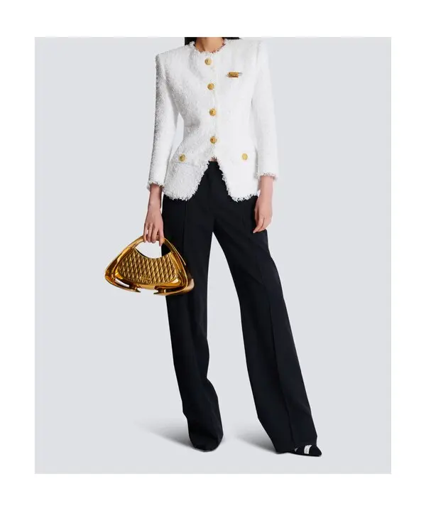 Balmain Long Sleeve Frayed Hem Tweed Jacket - White