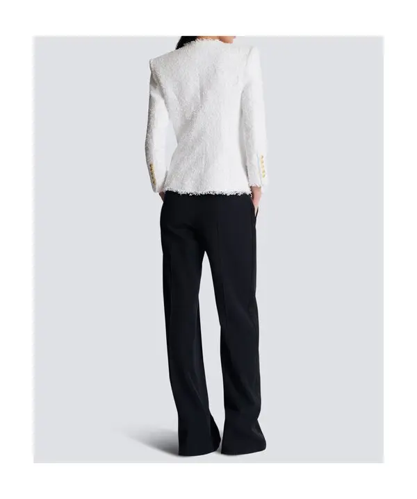 Balmain Long Sleeve Frayed Hem Tweed Jacket - White