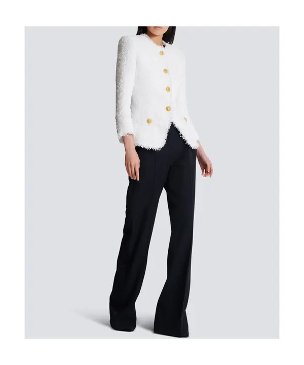 Balmain Long Sleeve Frayed Hem Tweed Jacket - White
