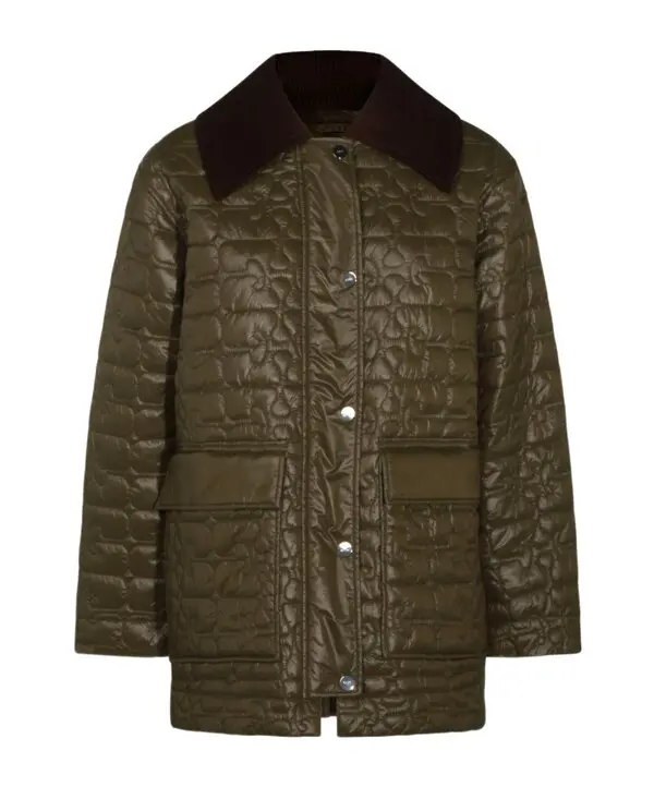 GANNI Quilted Midi Jacket With Classic Collar - Green