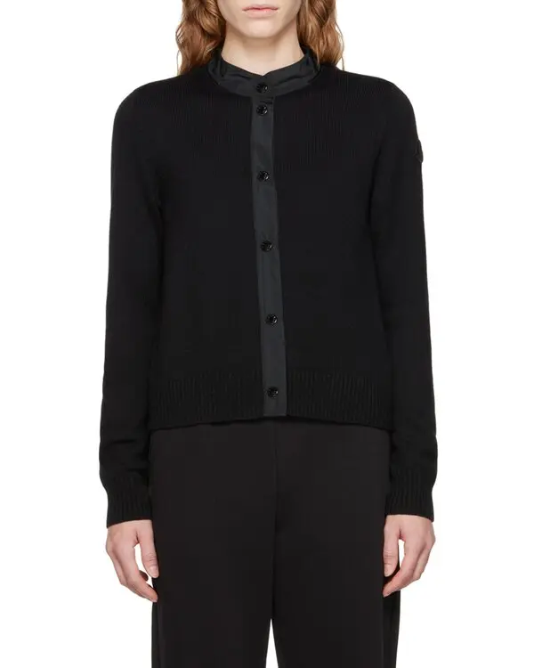 Moncler Wool Cardigan With Satin Accents - Black