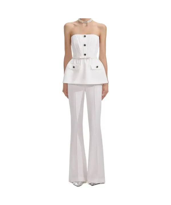 SELF-PORTRAIT Stretch Crepe Jumpsuit With Zippered Closure And Pockets - White
