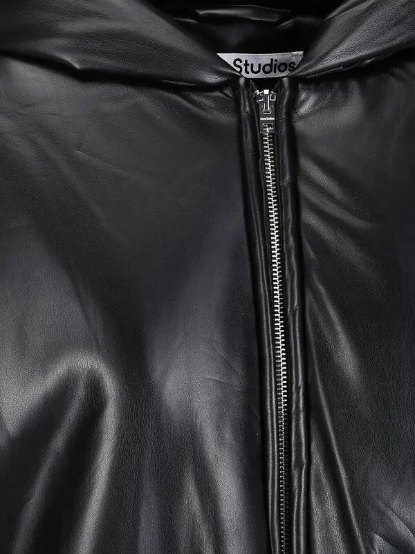 Acne Studios Hooded Leather Jacket With Pleated Hem