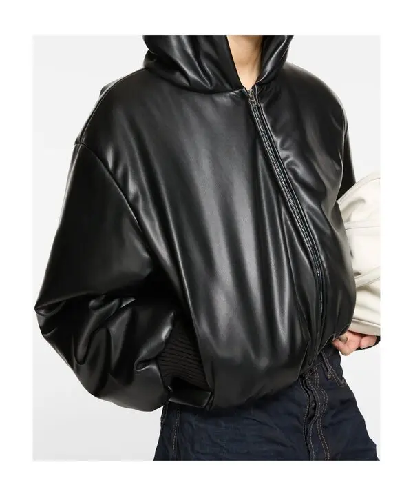 Acne Studios Hooded Leather Jacket With Pleated Hem