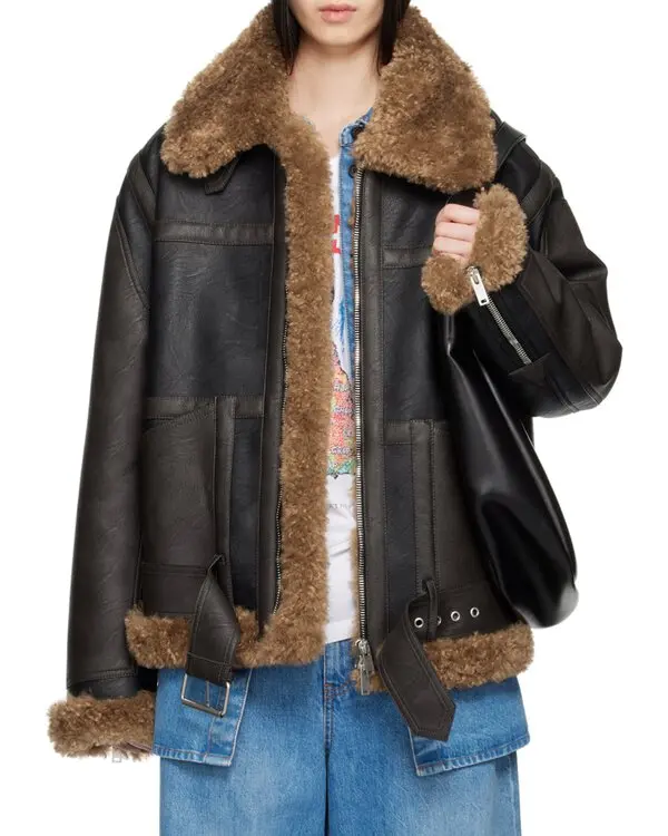 Stella McCartney Plush Teddy Paneled Biker Jacket