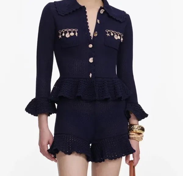 SELF-PORTRAIT Crochet Ruffled Shorts - Navy