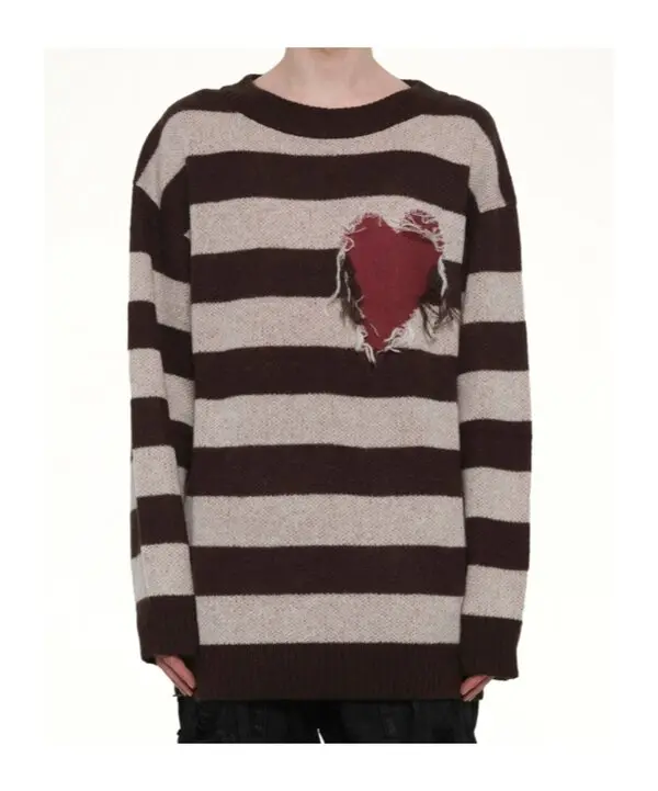 We11Done Striped Jumper With Heart Detail - Brown
