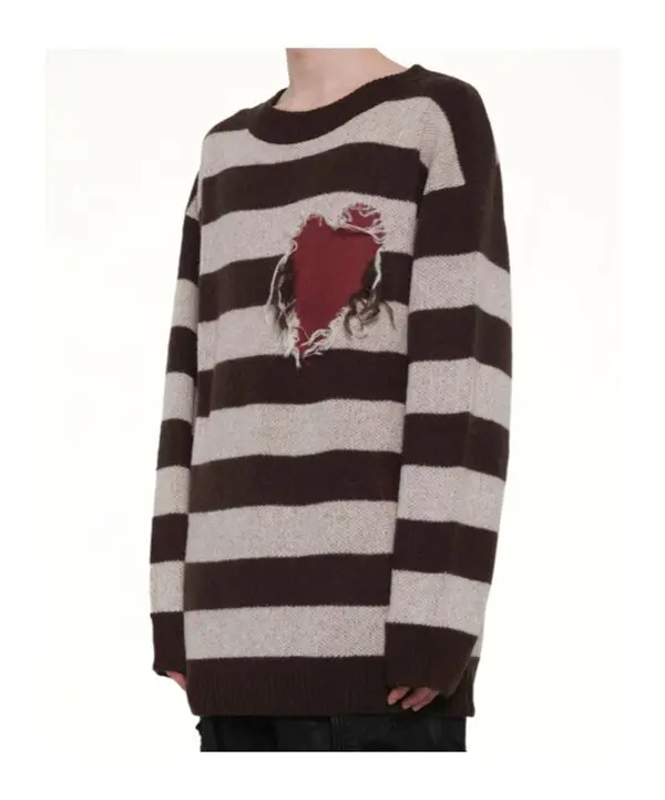 We11Done Striped Jumper With Heart Detail - Brown