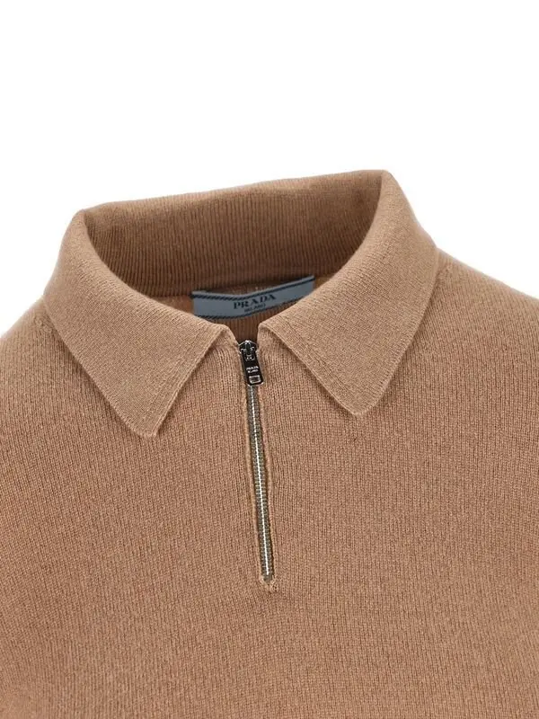 Prada Half-zip Knitted Polo Jumper - Camel Brown