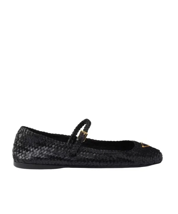 Prada Woven Ballerinas With Metal Buckle Detail