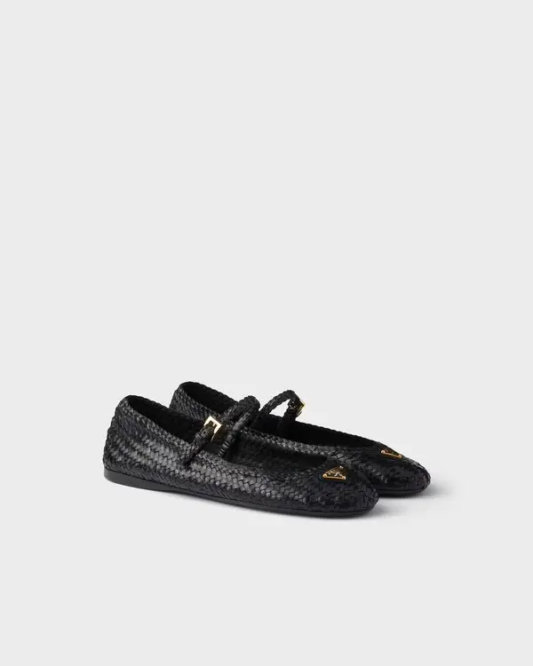 Prada Woven Ballerinas With Metal Buckle Detail